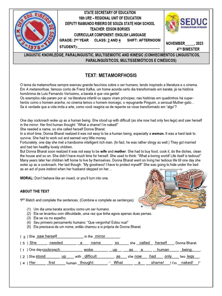 atividade metamorfhosis | PDF | Language Mechanics | Linguistics