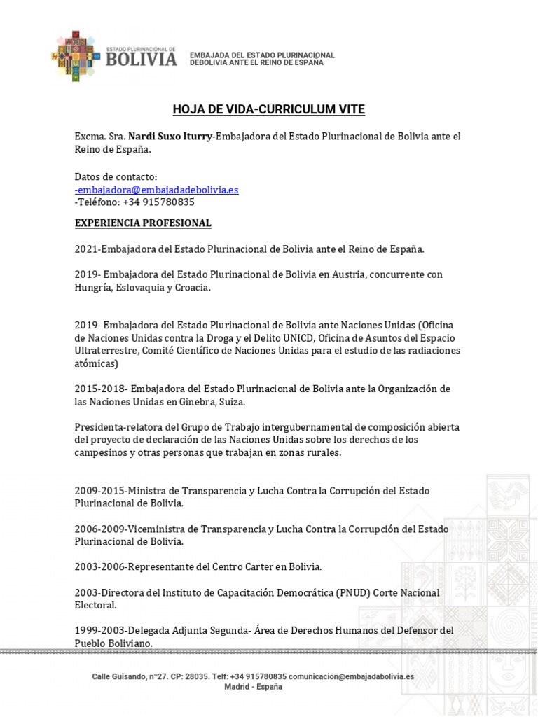 Curriculum Vite Embajadora Nardi Suxo | PDF | Bolivia | Universidad