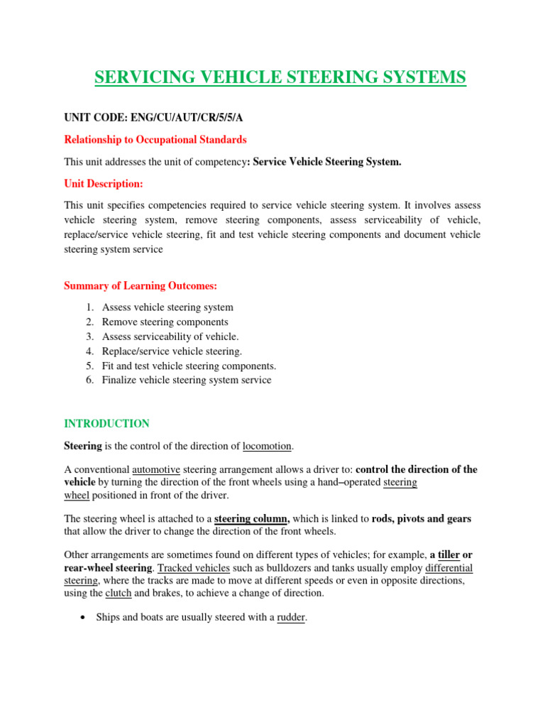SERVICING VEHICLE STEERING SYSTEMS | Download Free PDF | Steering ...