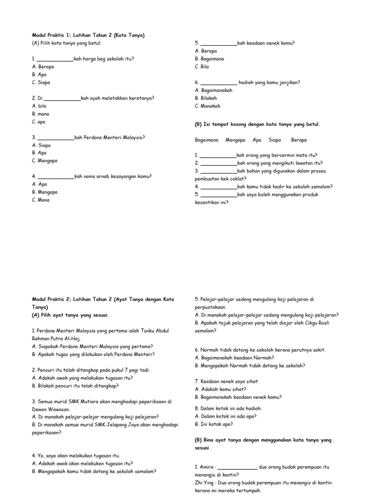 Latihan Kata Tanya Tahun 2 | PDF
