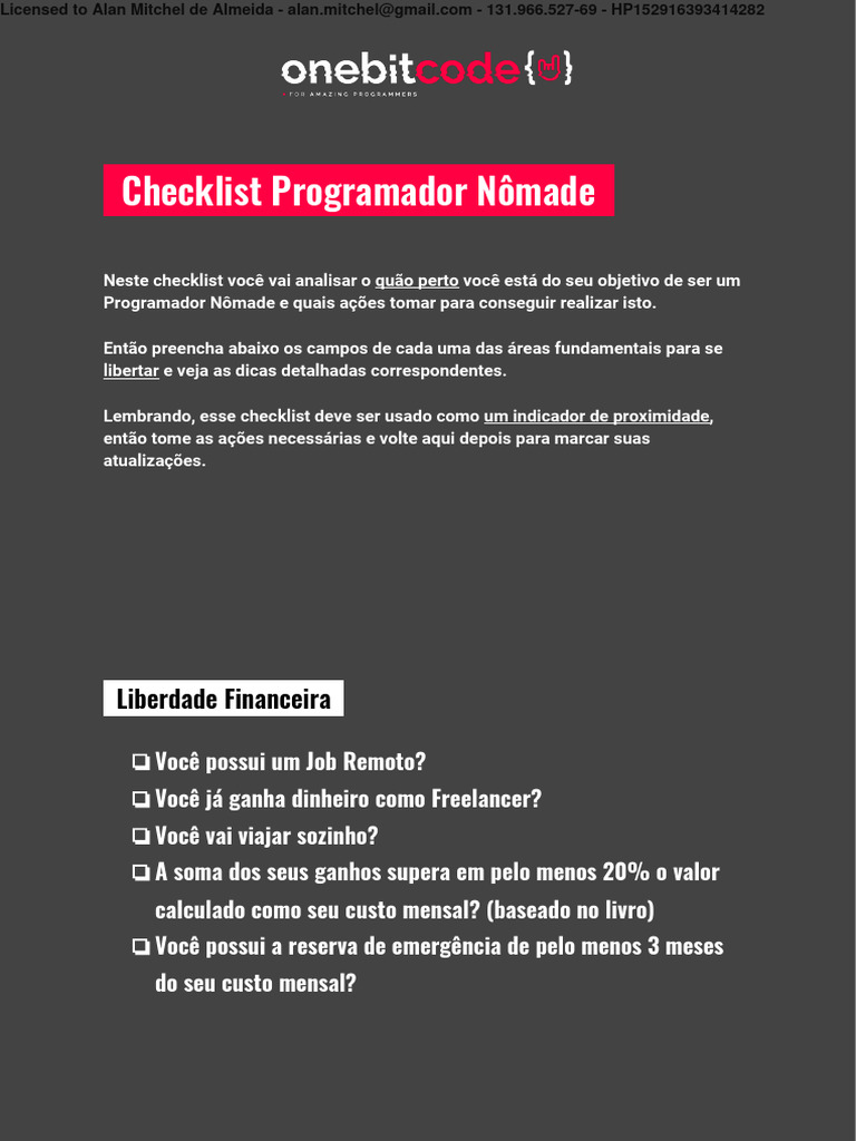 (BÔNUS 1) Checklist Programador Nômade | PDF | Ansiedade | Transporte ...