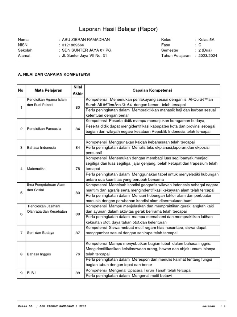 Rapor - ABU ZIBRAN RAMADHAN - 20232 | PDF