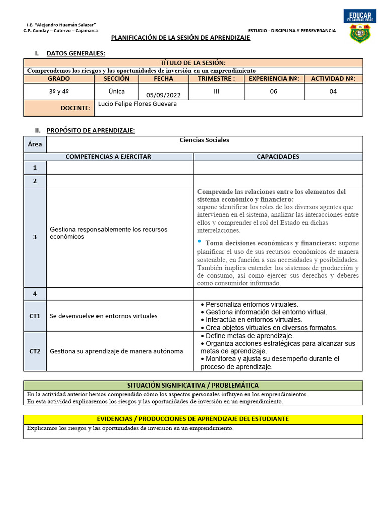 Sesión de Aprendizaje - 3°y 4° CCSS - 04 - 2022 | PDF | Aprendizaje | Evaluación