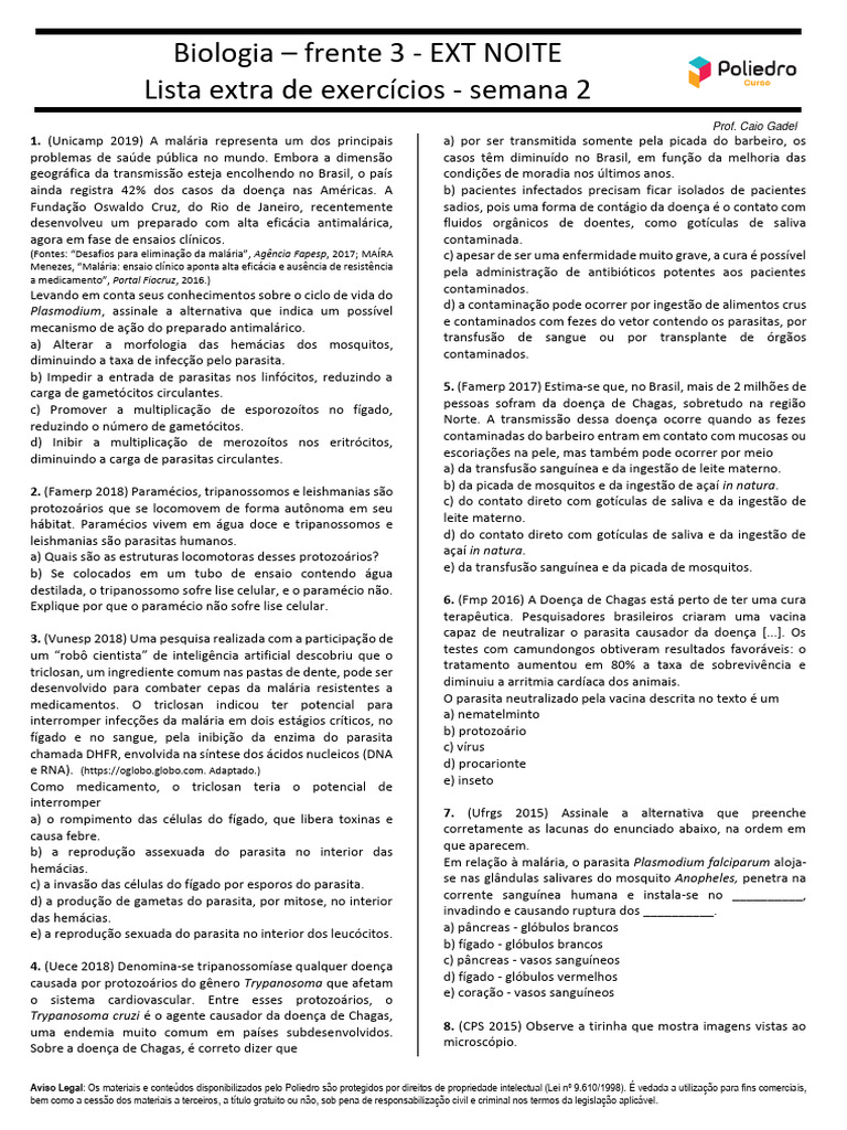 Aula 1 e 2 - Lista De Exercícios | PDF | Malária | Plasmodium