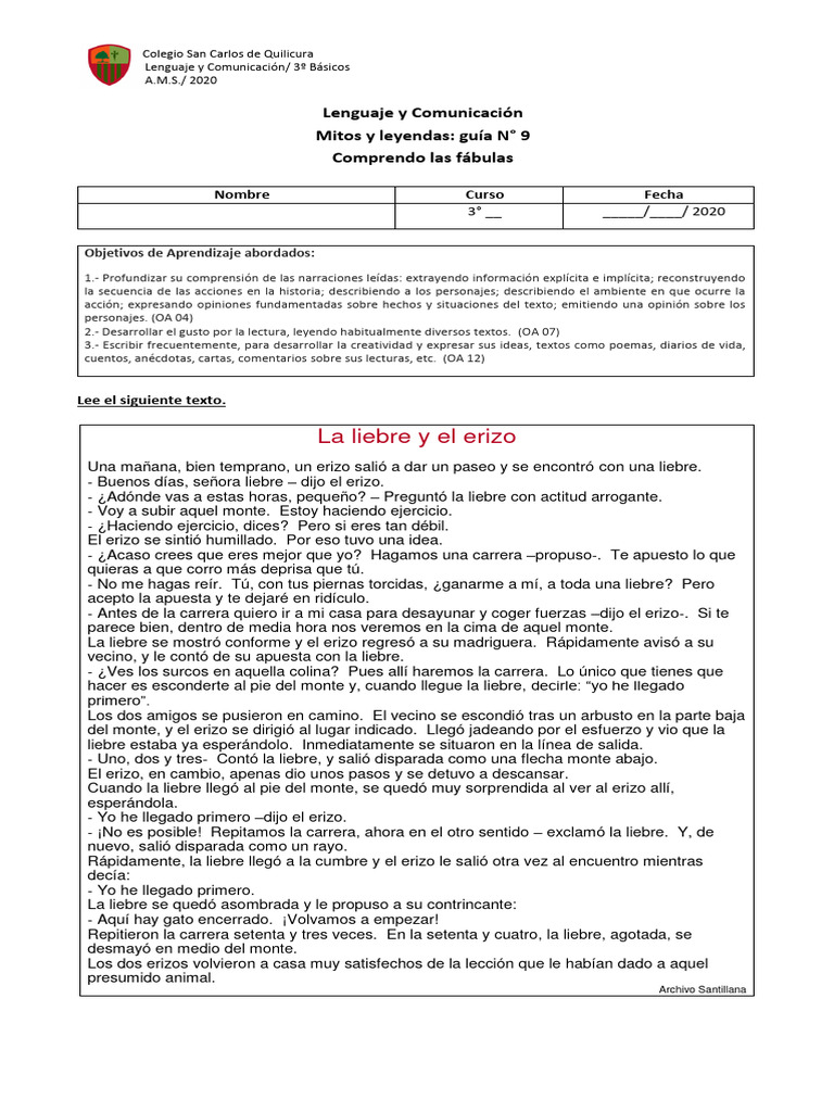 la liebre y el erizo fábula | PDF