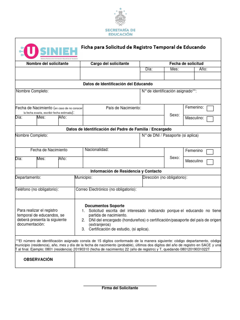 Ficha Registro Educando Temporal | PDF | Documento de identidad | Gobierno y personalidad