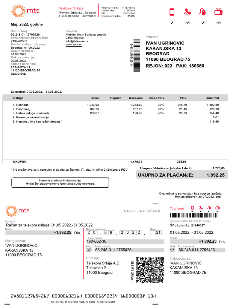 Ivan Ugrinović Kakanjska 13 Beograd 11090 BEOGRAD 75 REJON: 023 PAK ...