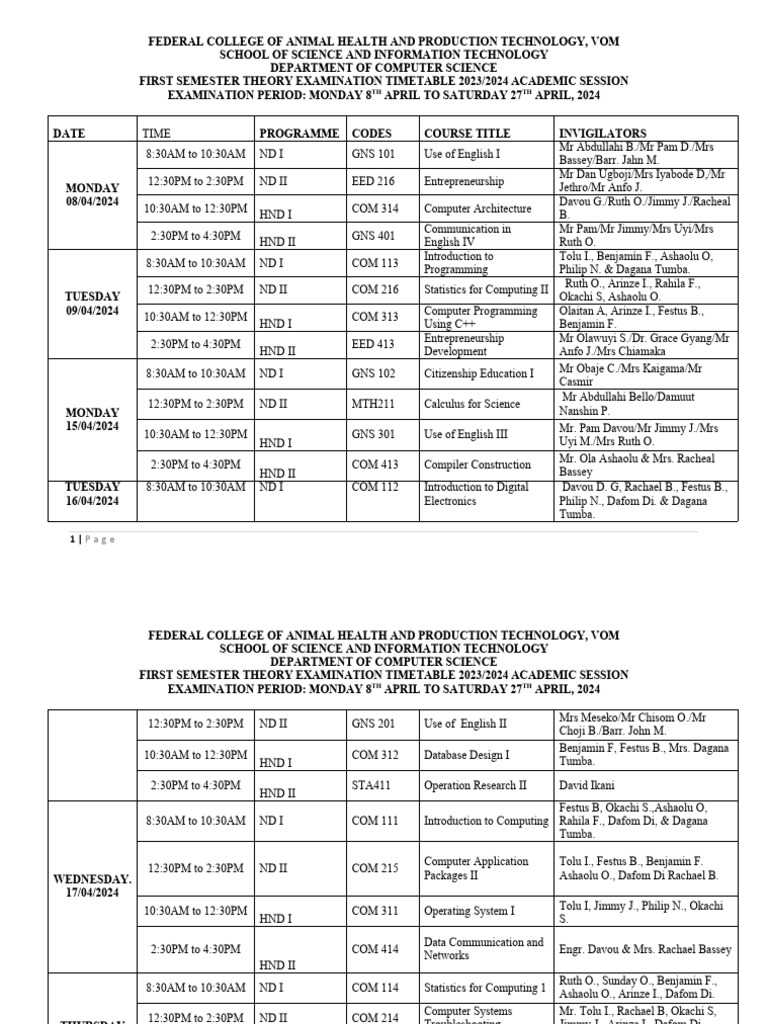 CS Dept First Semester Theory Examination Summary Timetable 2024 | PDF ...