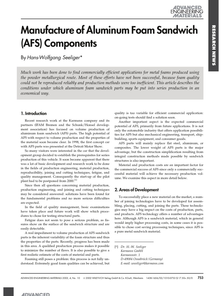 Manufacturing Aluminum Foam Sandwich Panels (AFS) - Karmann | PDF ...