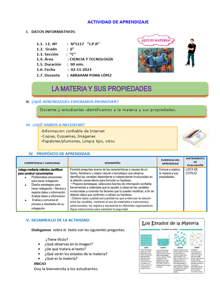 Sesión-La Materia-Estados y Sus Propiedades | PDF | Hipótesis | Evaluación