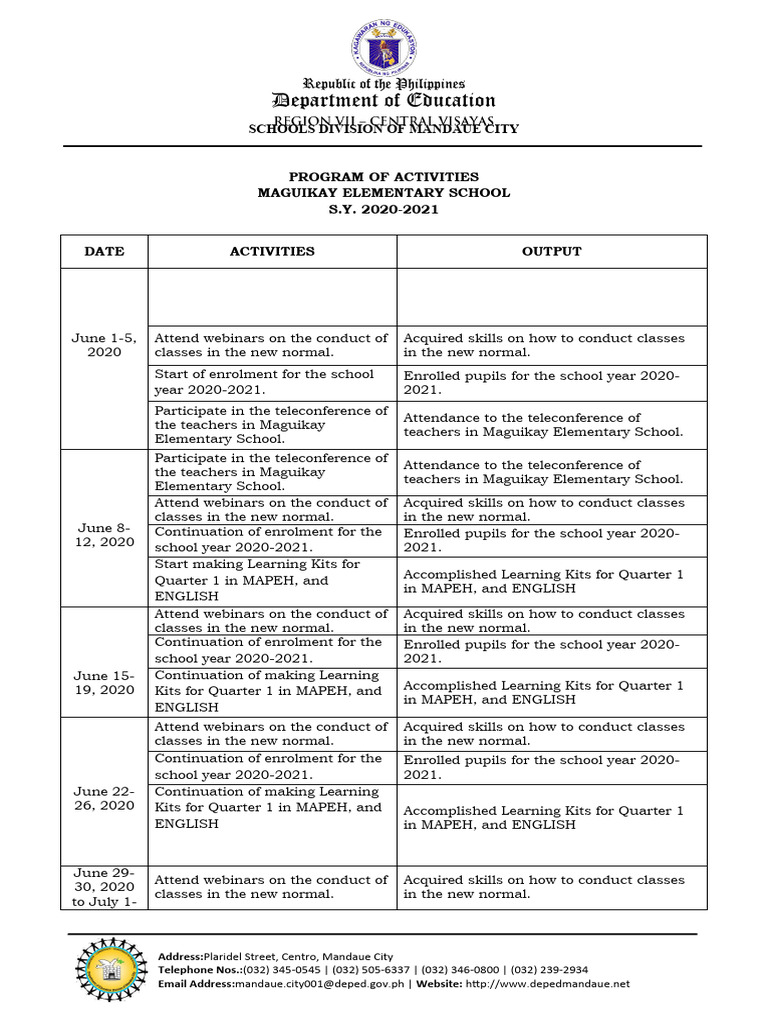 Program of Activities | PDF | Learning