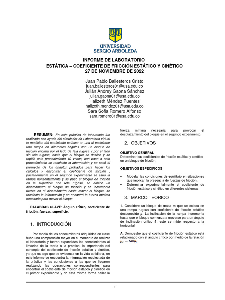 Informe de Laboratorio Estática - Coeficiente de Fricción Estático y Cinético | PDF | Fricción ...