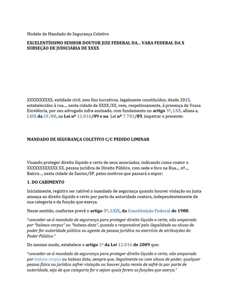 Mandado de Segurança Coletivo: Modelo Jurídico | PDF | Mandamus ...