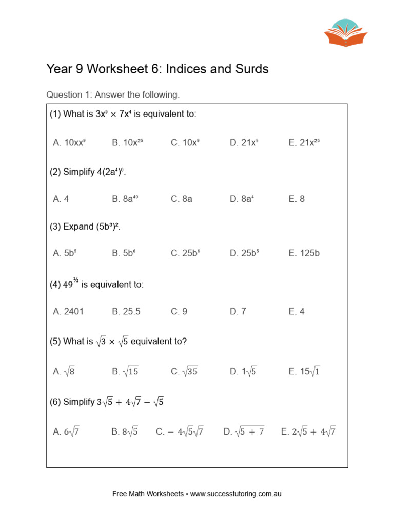 Year 9 Worksheet 6 Indices And Surds Pdf Mathematics Arithmetic