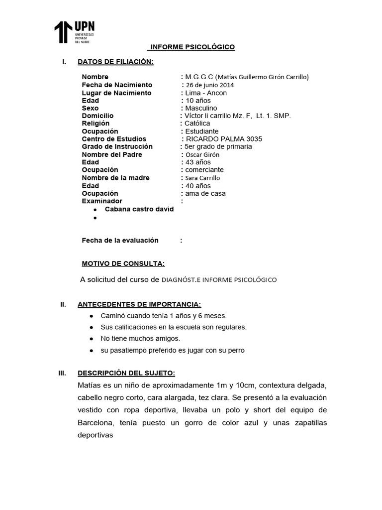INFORME PSICOLOGICO de matias | PDF | Ciencias del comportamiento | Sicología