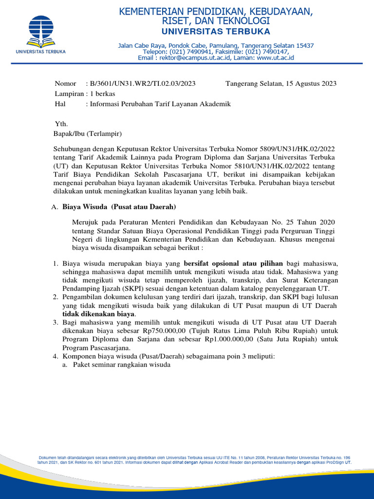 SE WR2 Nomor 3601tahun 2023 Tentang Informasi Perubahan Tarif Layanan Akademik | PDF