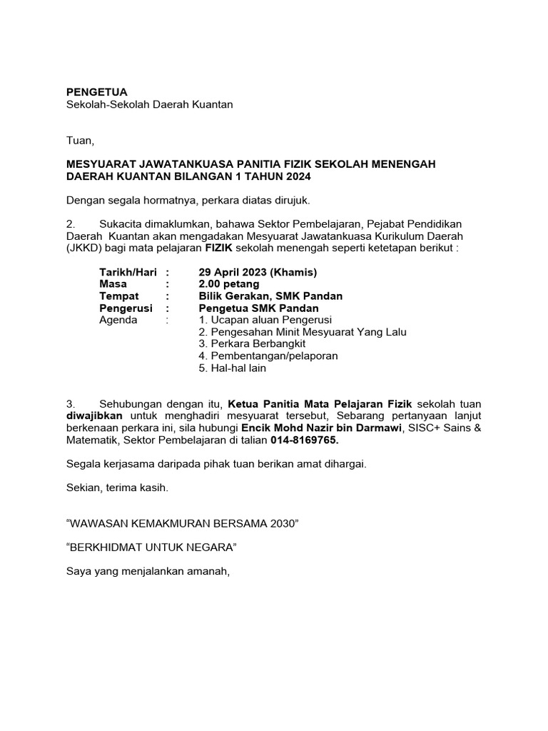 Contoh Surat Panggilan Mesyuarat JKKD Bil'1 Fizik 2024 | PDF