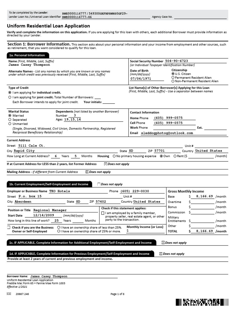 1003 Uniform Residential Loan Application - 1-2021 (James Casey Thompson) | PDF | Mortgages ...