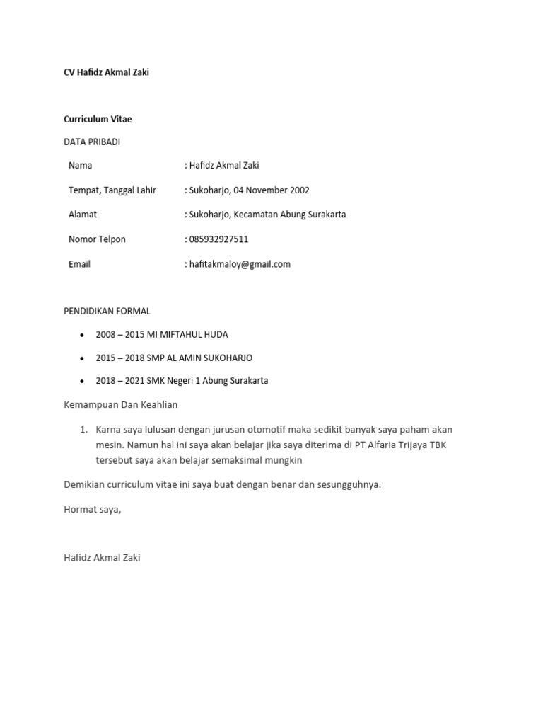 CV Hanif Hafid Madon Bayu | PDF