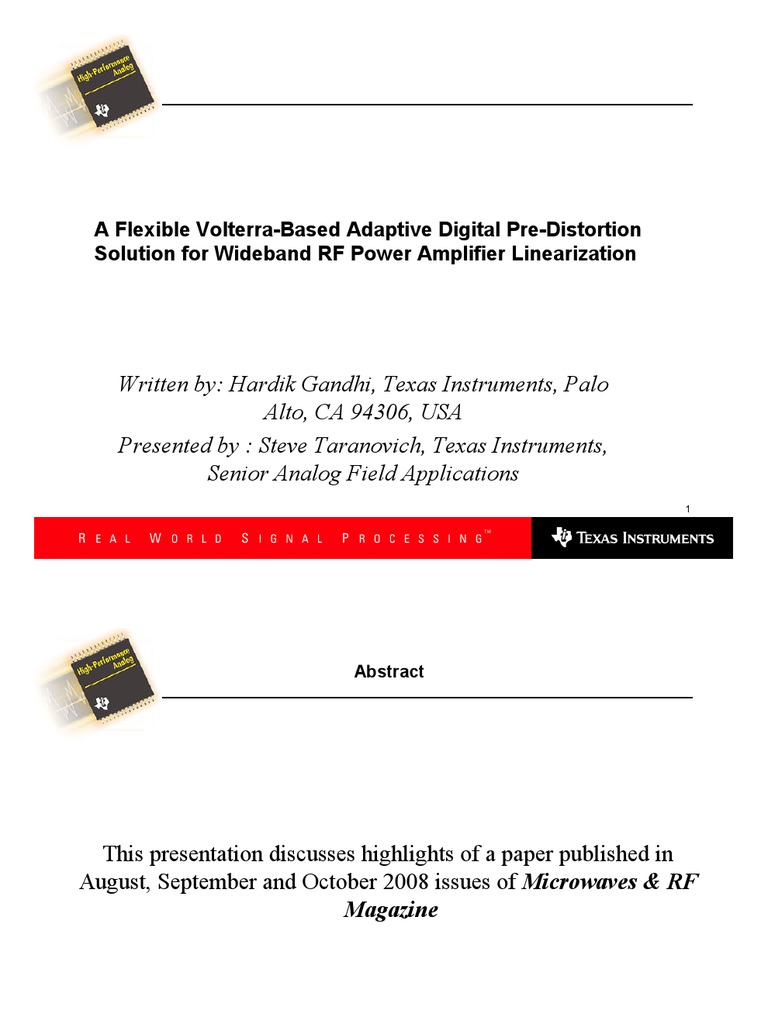 Volterra Based Adaptive Pre Distortion For RF Power Amplifier Linearization | PDF | Root Mean ...