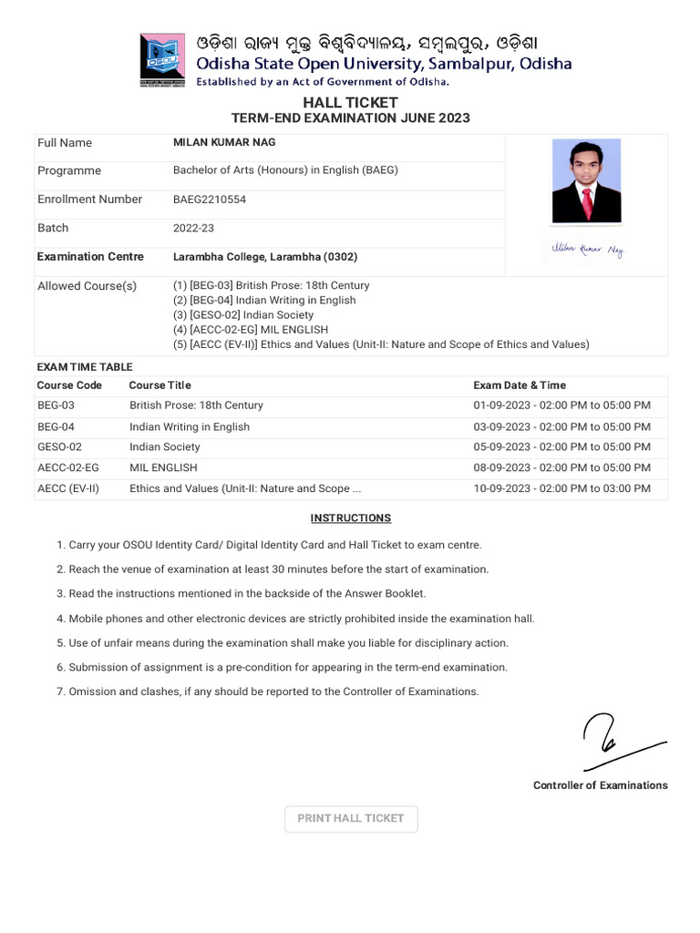 2hall Ticket June2023 Baeg2210554 | PDF | Technology & Engineering