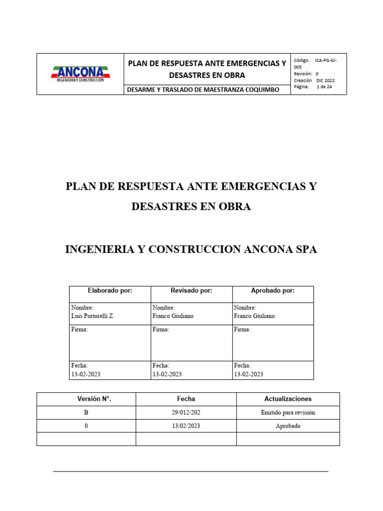 ICA PG GI 005 0 Plan de Emergencias Obra | PDF | Reanimación ...