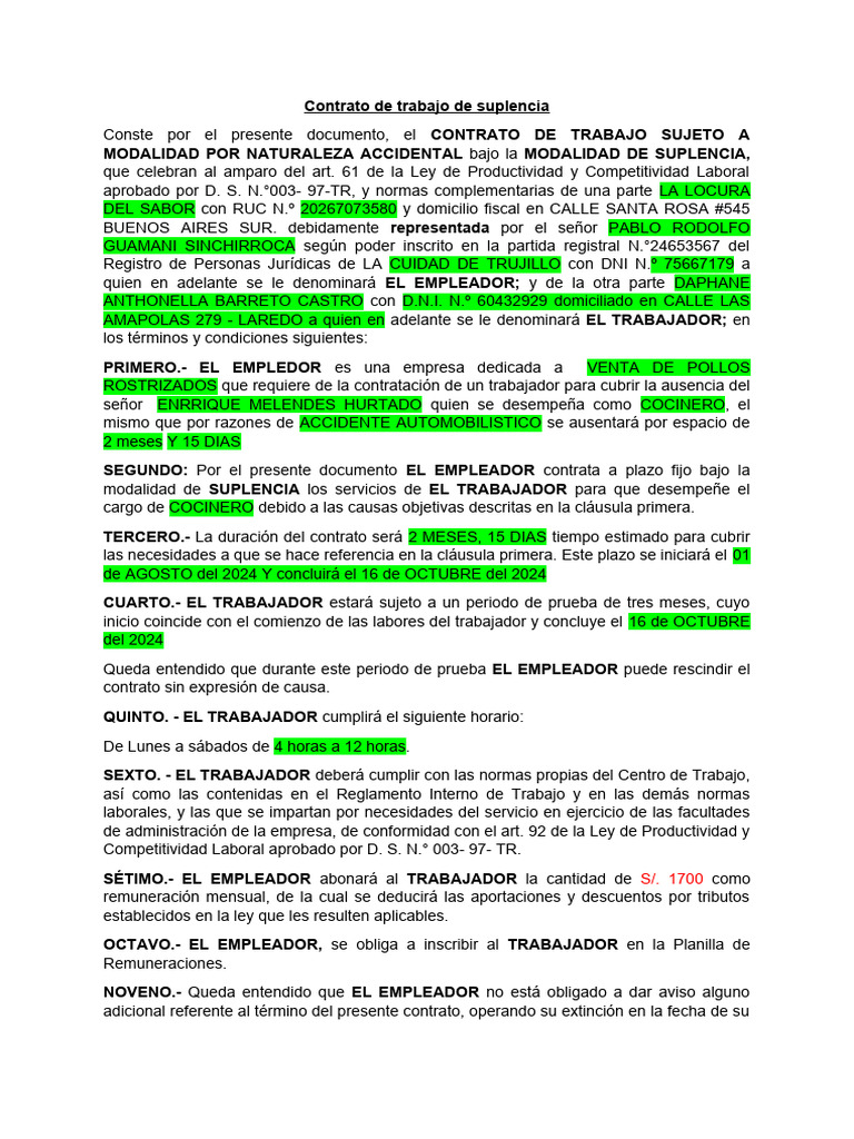 Contrato de Trabajo de Suplencia - t2 | PDF | Derecho laboral | Economias