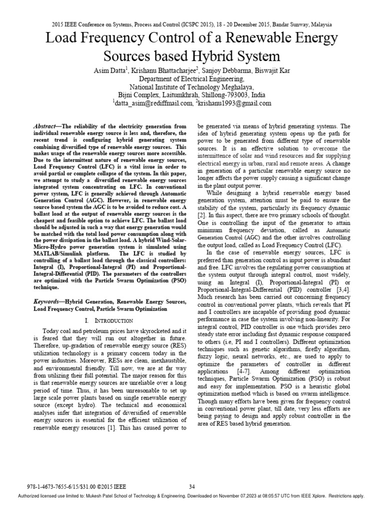 Load Frequency Control of A Renewable Energy Sources Based Hybrid ...