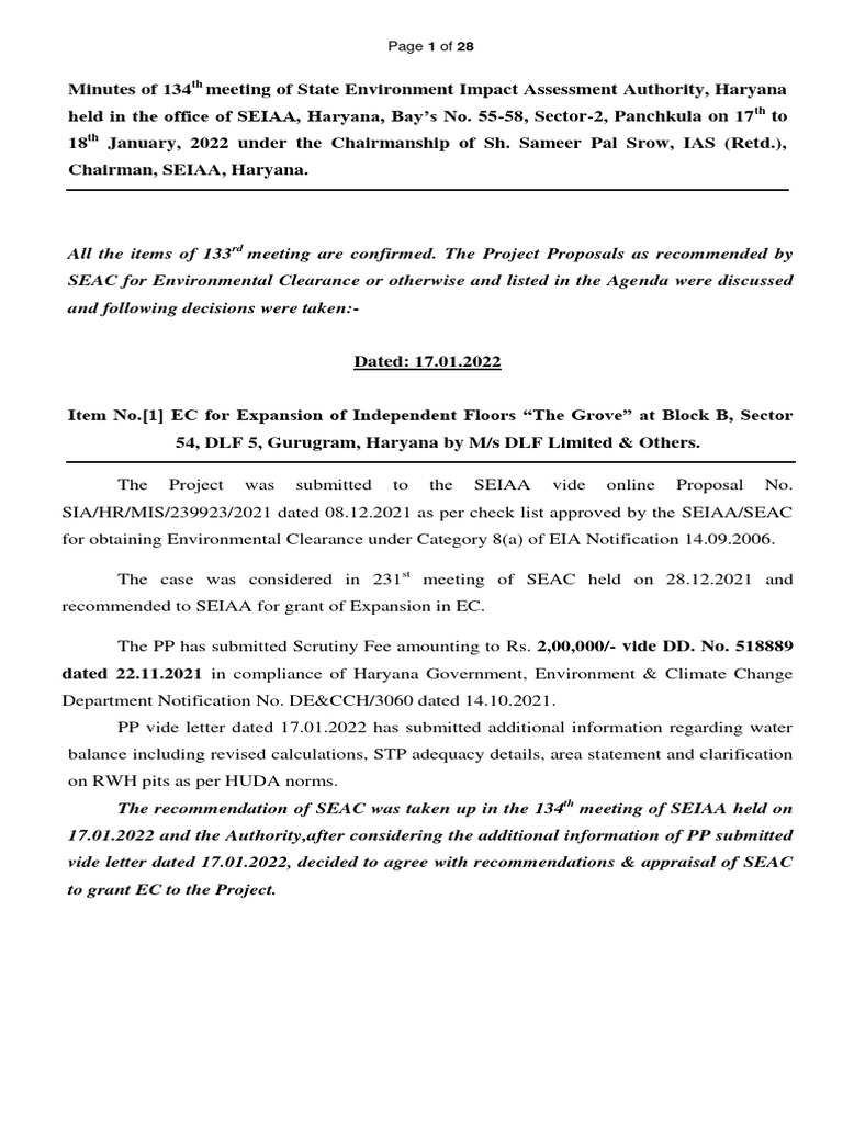 Draft MoM of 134th Meeting of SEIAA, Haryana | PDF | Environmental ...