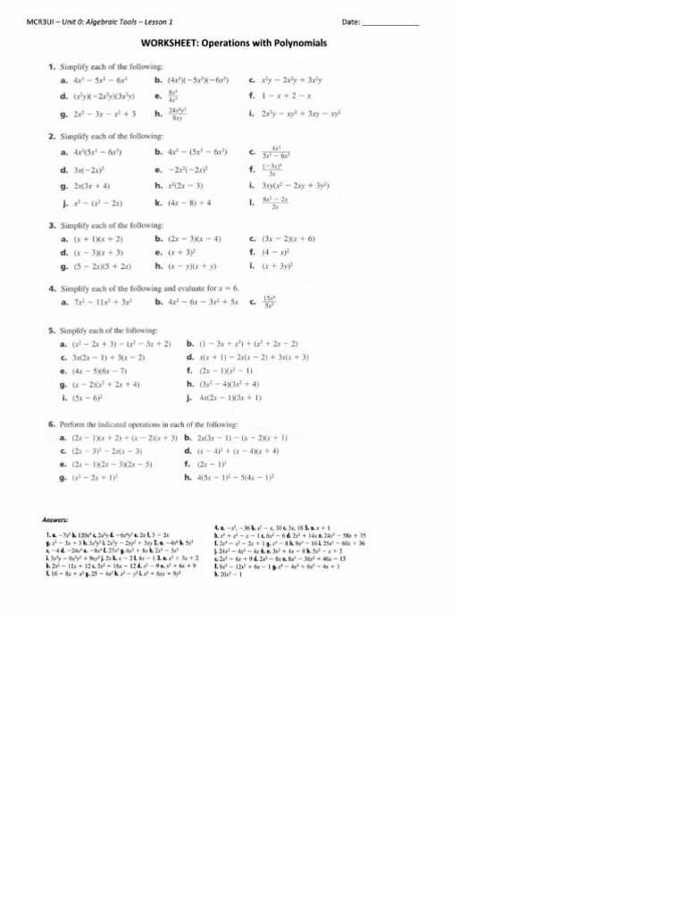 Attachment - PDF - MCR3U - Operations With Polynomials | PDF