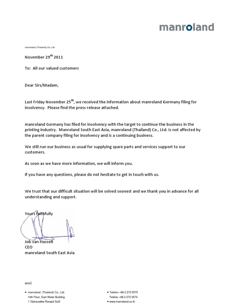 Letter to Customers for Current Situation | Insolvency | Recession
