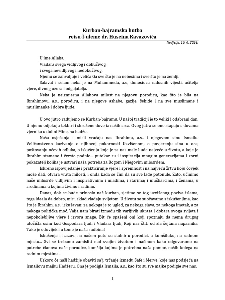 Kurban Bajramska Hutba Reisul Uleme 16.6.2024. | PDF