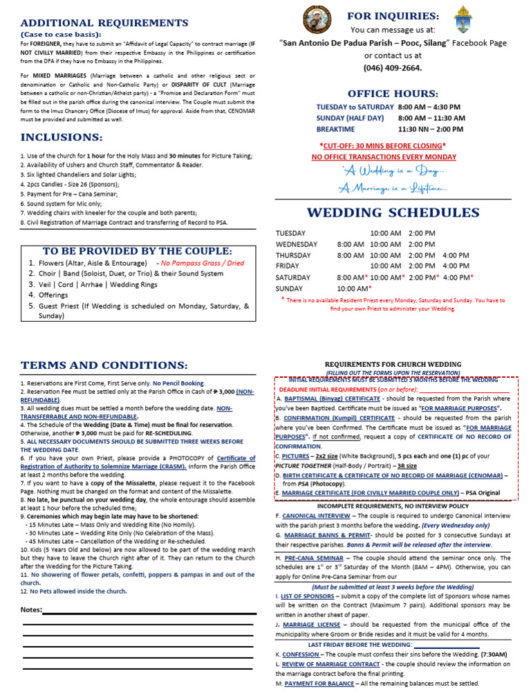 Wedding Requirements - Details - Policies - A4 | PDF | Wedding | Mass ...