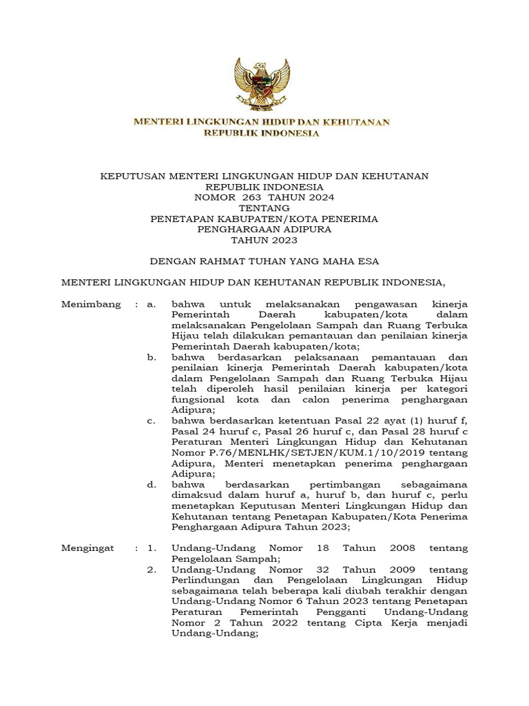 fRaK - Salinan SK 263 TH 2024 - Penetapan Penerima Penghargaan Adipura Tahun 2023 - 4mar2023 Jam ...