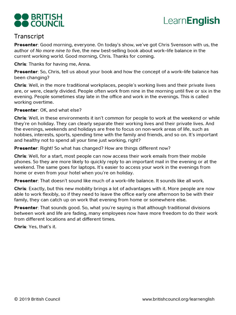 LearnEnglish Listening B1 Work Life Balance 3 4 | PDF