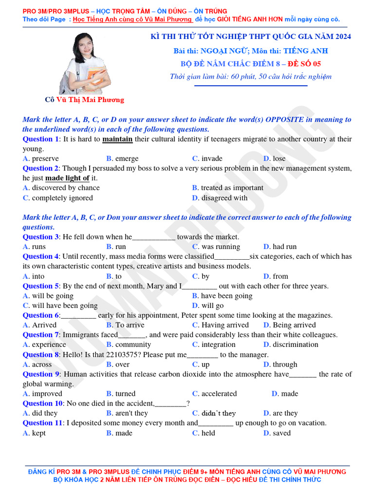 [ Cô Vũ Mai Phương ] Bộ đề nắm chắc điểm 8 cho mùa thi 2024 - Đề số 05 | Download Free PDF | Sea ...