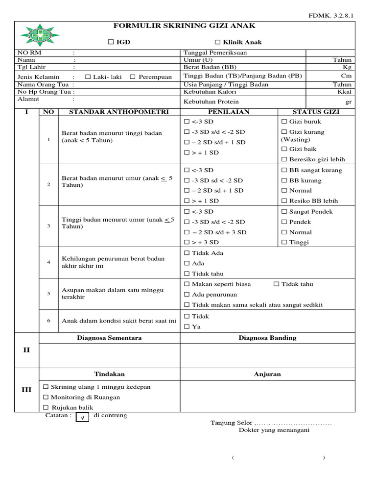 Formulir Skrining Gizi Anak | PDF