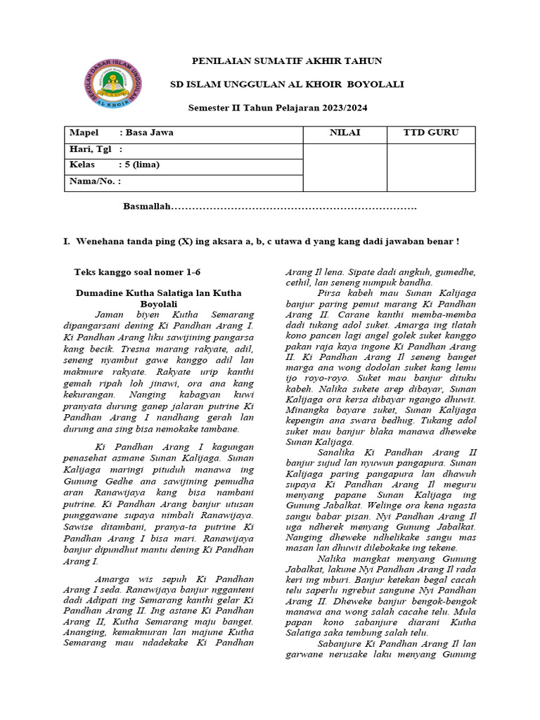SUMATIF AKHIR SEMESTER II Bhs Jawa 3 | PDF