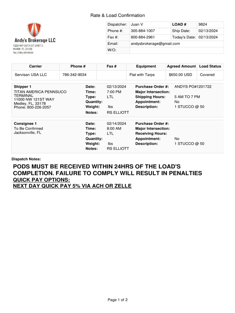 Load_Confirmation_9824 | Download Free PDF | Cargo | Freight Transport