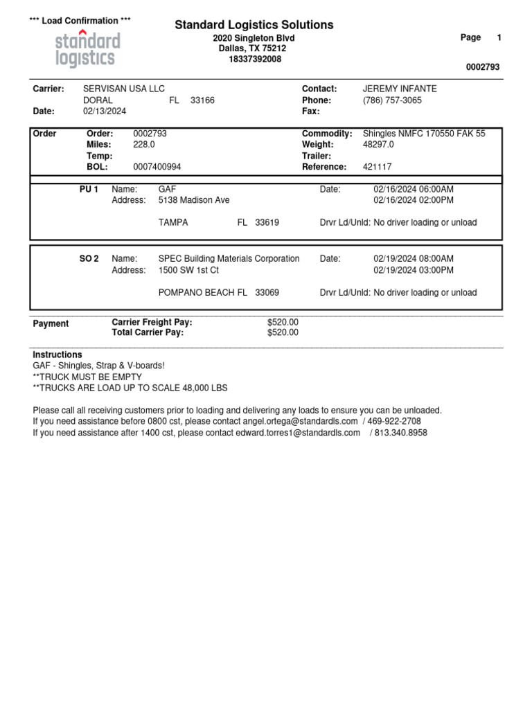 Order Confirmation 0002793 | PDF | Cargo | Logistics