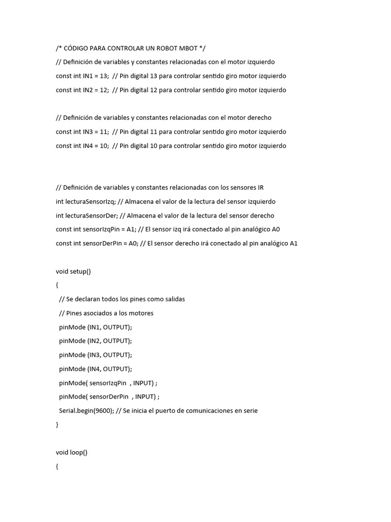 1 CÓDIGO PARA CONTROLAR UN ROBOT MBOT (1) | PDF | Sensor 1 CÓDIGO PARA CONTROLAR UN ROBOT MBOT (1) | PDF | Sensor
