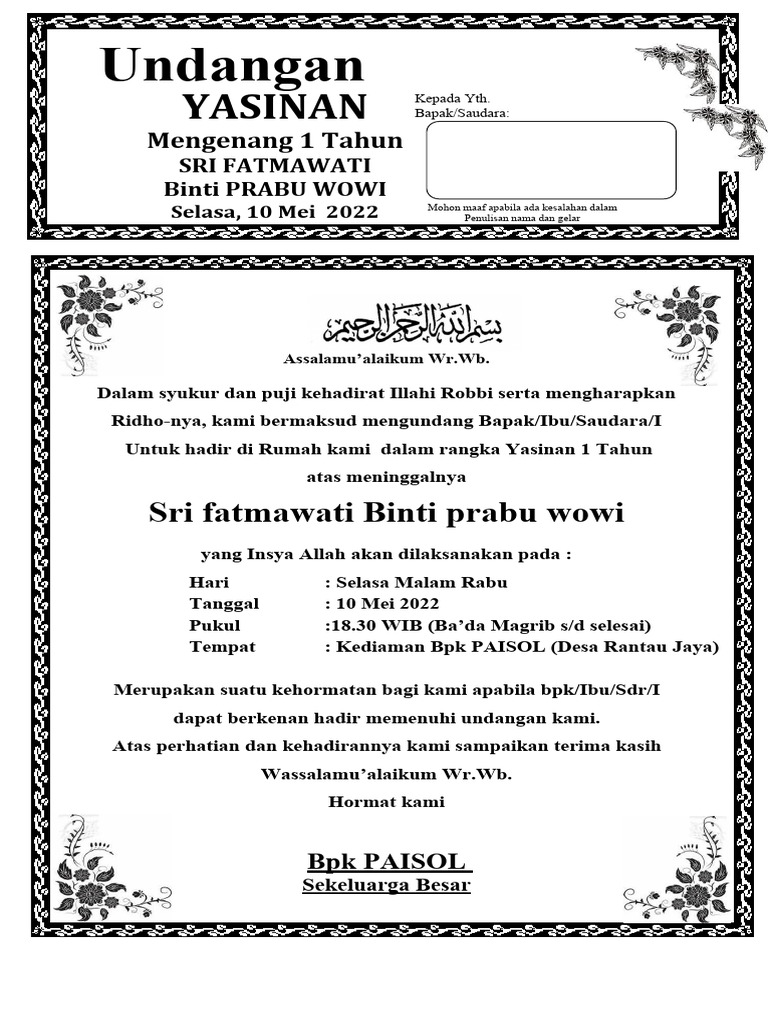 Undangan Yasinan, Pernikahan, dan Aqiqah | PDF