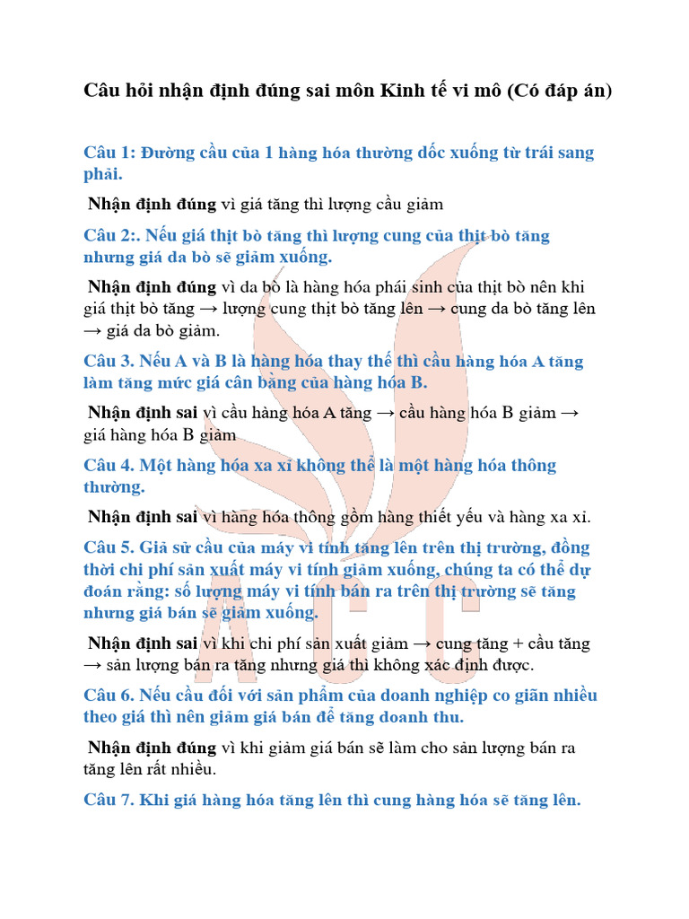 Cau Hoi Nhan Dinh Dung Sai Mon Kinh Te Vi Mo 1 | PDF