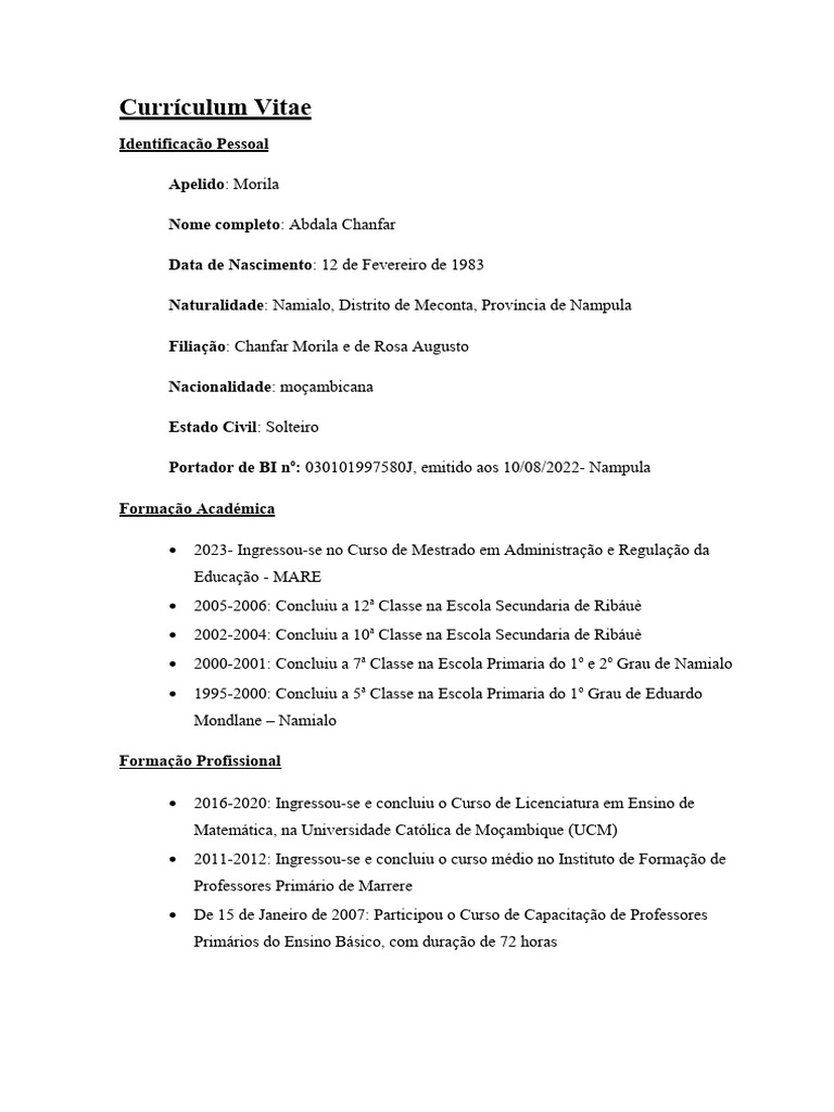 Currículo Vitae de Morila 2 | PDF | Educação primária | Moçambique