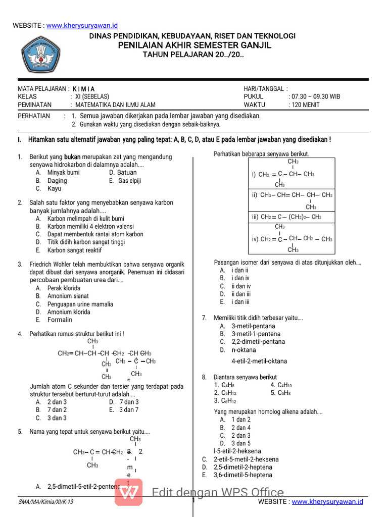 SOAL & JAWABAN PAS KIMIA KELAS XI K13 - WEBSITE WWW - Kherysuryawan.id | PDF