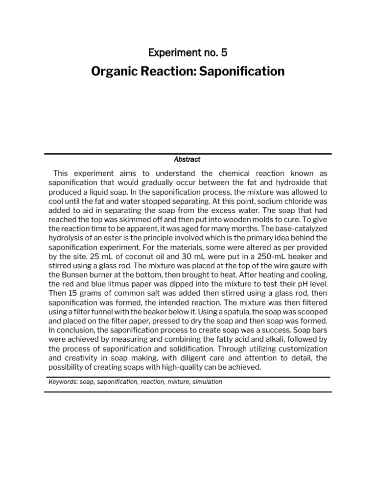 Saponification Exp. No. 5 Lab-Report | PDF | Soap | Sodium Hydroxide Saponification Exp. No. 5 Lab-Report | PDF | Soap | Sodium Hydroxide