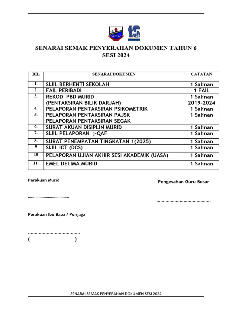 Senarai Semak Penyerahan Dokumen Tahun 6 | PDF