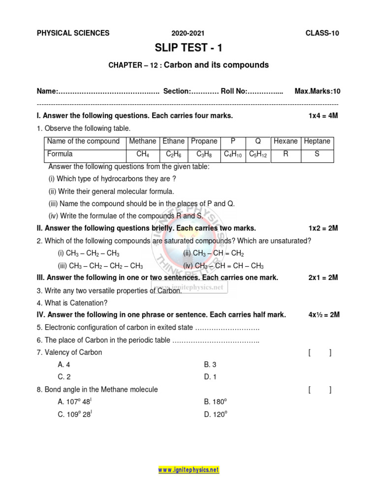 2020-21 Class-10 PS Em-12 ST-01 QP | PDF | Chemical Compounds | Chemistry