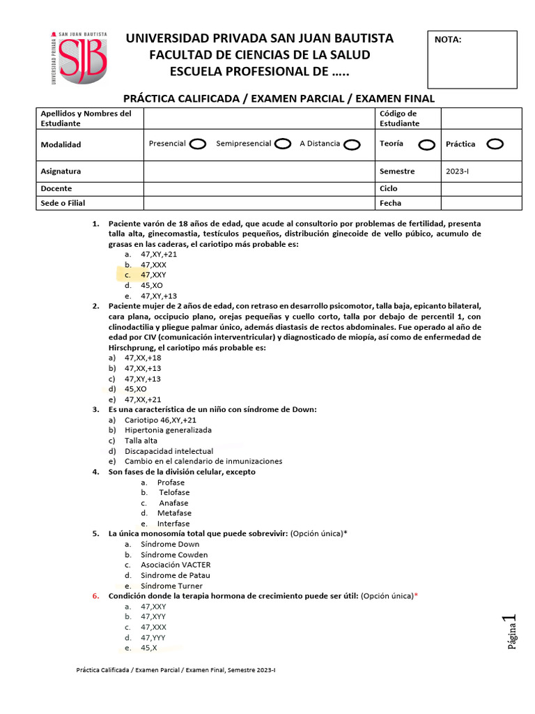 Examen de PC1 | PDF | Cromosoma | Cariotipo