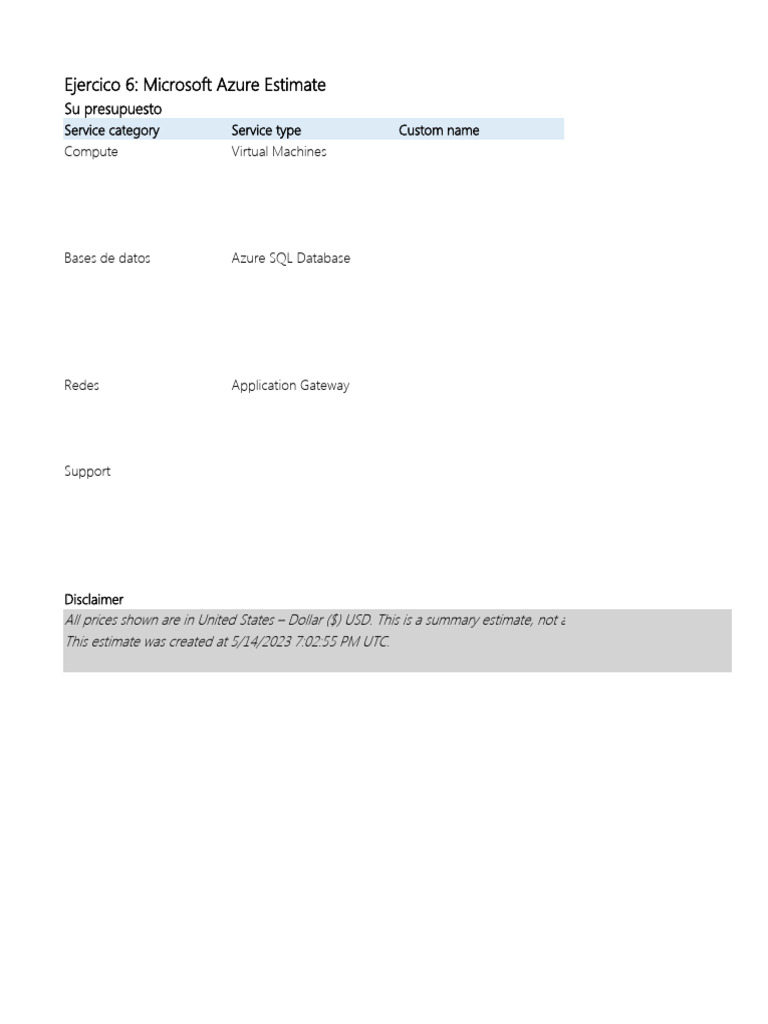 Ejercicio 6 ExportedEstimate | PDF | Microsoft Azure | Ciencias de la Computación